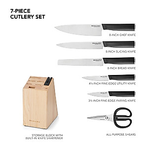 KitchenAid Classic 7-Piece Natural Knife Block Set with Built-In Sharpener, High-Carbon Japanese Stainless Steel Knives, Black
