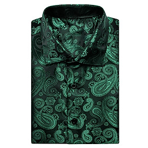 Hi-Tie Silk Dark Green Mens Dress Shirt Jacquard Short Sleeve Regular Fit Turn Down Collar Shirts for Casual Vacation Party