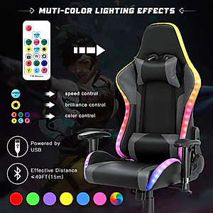 Gaming Chair with Bluetooth Speakers RGB LED Lights, Music Video Game Chair, Ergonomic PU Leather Comfortable Computer Chair, Adjustable Reclining Racing Office Swivel Chair for Adult Teens (Gray)