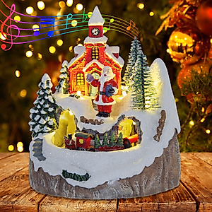 innodept12 Red Christmas Village Church House - Festival Scene Moving Train and Santa Claus with Led Lights, Music for Christmas Decor