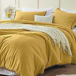 Newspin Duvet Cover King Size Pom Pom Fringe Yellow,3Pcs Soft Breathable Washed Microfiber Boho Bedding Duvet Cover Set with Zipper Closure,1 Duvet Cover(104"X90") and 2 Pillow Shams(No Comforter)