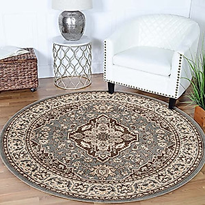 BNM Indoor Large Area Rug, Jute Backing, Traditional Rugs for Living Room, Kitchen, Office, Dorm, Bedroom, Carpet Floor Decor, Oriental Medallion Floral Scroll Indoor Area Rug, 8' Round, Grey