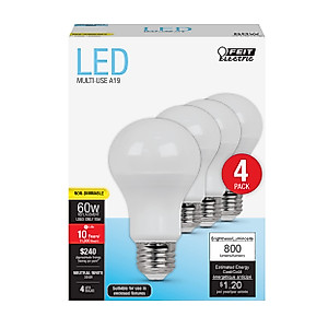 Feit Electric A19 LED Light Bulb, 60W Equivalent, E26 Medium Base, 800 Lumens, 3500K Neutral White, Non-Dimmable Standard Light Bulb, 10-year Lifetime, A800/835/10KLED/4, 4 Packs