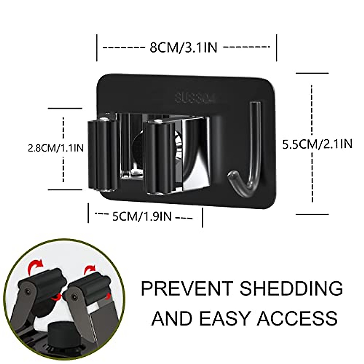 CELBERENA 5 Pack Mop Broom Holder No Drill SUS304 Stainless Steel, Self Adhesive Mop Broom Organizer Wall Mounted Heavy Duty with Hooks Storage Hanger for Bathroom, Kitchen, Office, Black