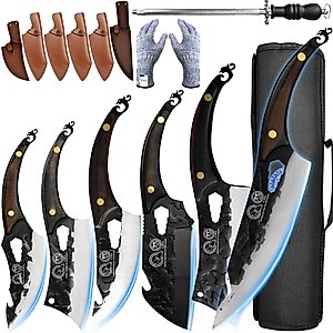 XYJ FULL TANG Outdoor Chef Knife 6-pieces Set Stainless Steel Slice Kitchen Knives Come With Universal Leather Case Carry Knife Bag Cutlery Knives Accessories