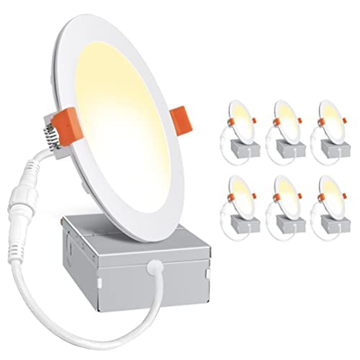 obstime 6 Pack 14W 4 Inch Ultra-Thin LED Recessed Lights Slim with Junction Box,2700K/3000K/4000K/5000K/6000K Selectable,High Brightness Eqv 150W, Dimmable Canless LED Recessed Light-IC Rated&ETL