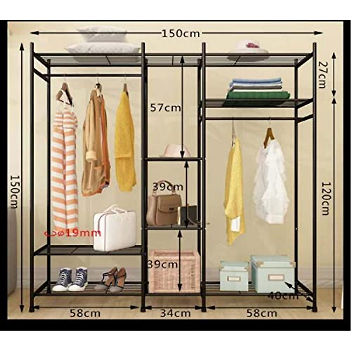 Kingmys 60x60x16 inches Garment Shelf Cloth Rack Organizer (Black)