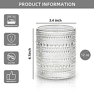 Glass Cups Vintage Drinking Glasses Set of 4, Clear Hobnail Glasses Tumbler, Embossed Design Glassware, Romantic Water Glasses, for Beverage, Juice, Cocktail, Soda, Water, Whiskey (Large)