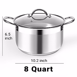 Kirecoo Stainless Steel Stock Pot - 8 Quart Heavy Duty Induction Cooking Pot with Visible Lid for Pasta, Soup, Spaghetti, Nonstick Thick Bottom Big Soup Canning Pot, Deep Cookware Boiling Simmer Pot