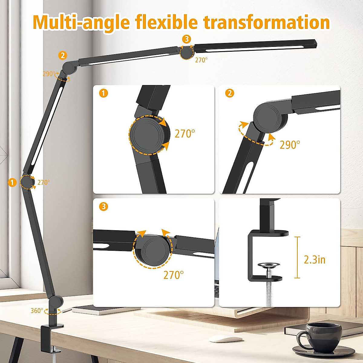 LED Desk Lamp with Clip,Flexible 4 Section 3 Light Source Office Desk Lamp,4 Color Temperatures and 5 Brightness Level Desk Light,Night Eye Protection Task Table Lamp for Home Office Studio Study Nail