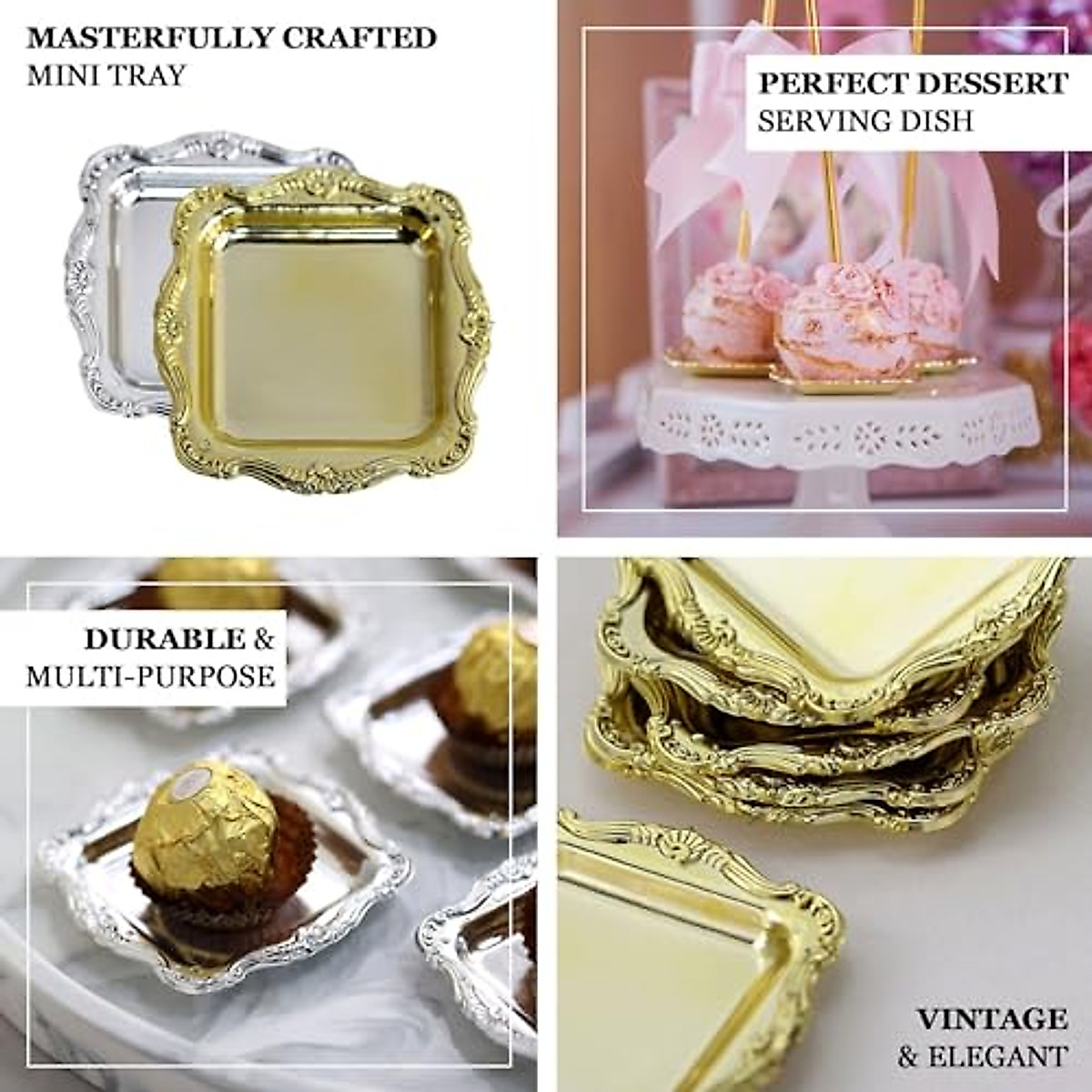 Efavormart 12 Pack | Gold Square Baroque Mini Party Favor Candy Tray Treat Gift Display Serving Plate - 3"x3"