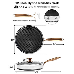 Bakpoco Frying Pans Nonstick, 12 inch Hybrid Non Stick Frying Pan with Lid, Stainless Steel Non Toxic PFOA Free Scratch-resistant Coating Skillets, Dishwasher & Oven Safe Induction Compatible Cookware