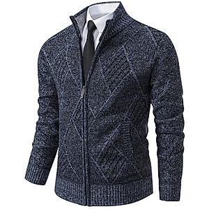 VtuAOL Men's Cardigan Sweater Warm Soft Knit Full Zip Sweater Winter Coat for Men Blue US S