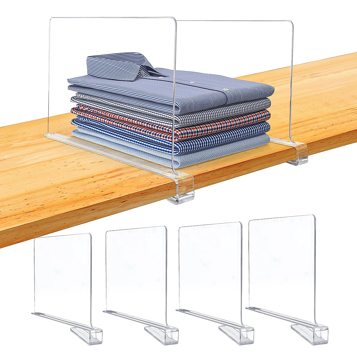 SC Shiza Care Clear Acrylic Shelf Dividers for Closet Organization,Plastic Shelve Divider, Clothes Dividers for Clothes Purses Separators in Bedroom, Kitchen and Office Shelves (4 Pack)