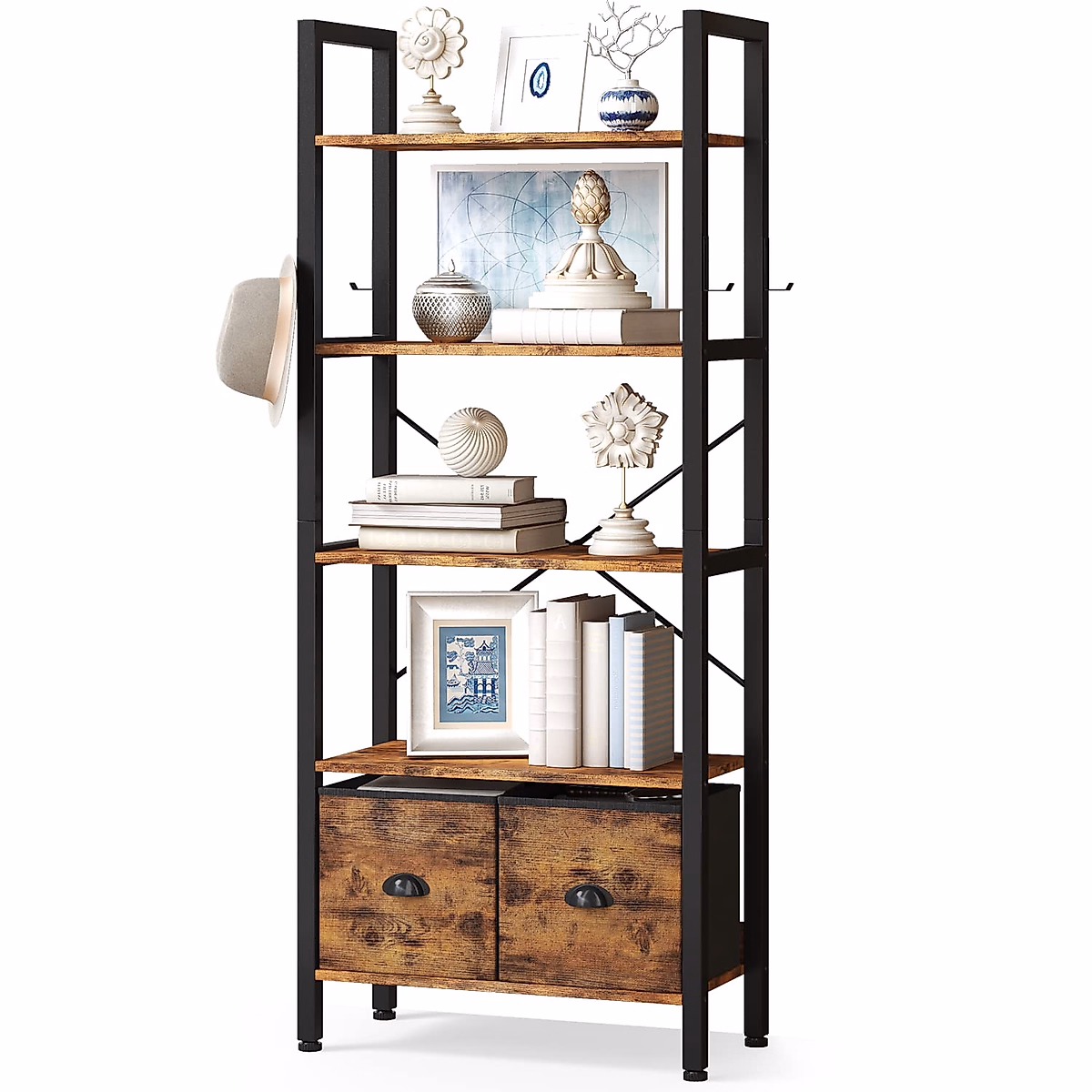 oneinmil 5-Tier Bookshelf with 2 Storage Drawers, Industrial Display Standing Shelf, Rustic Wood Storage Shelf with Metal Frame, Open Bookcases for Living Room, Bedroom, Home Office (Brown)