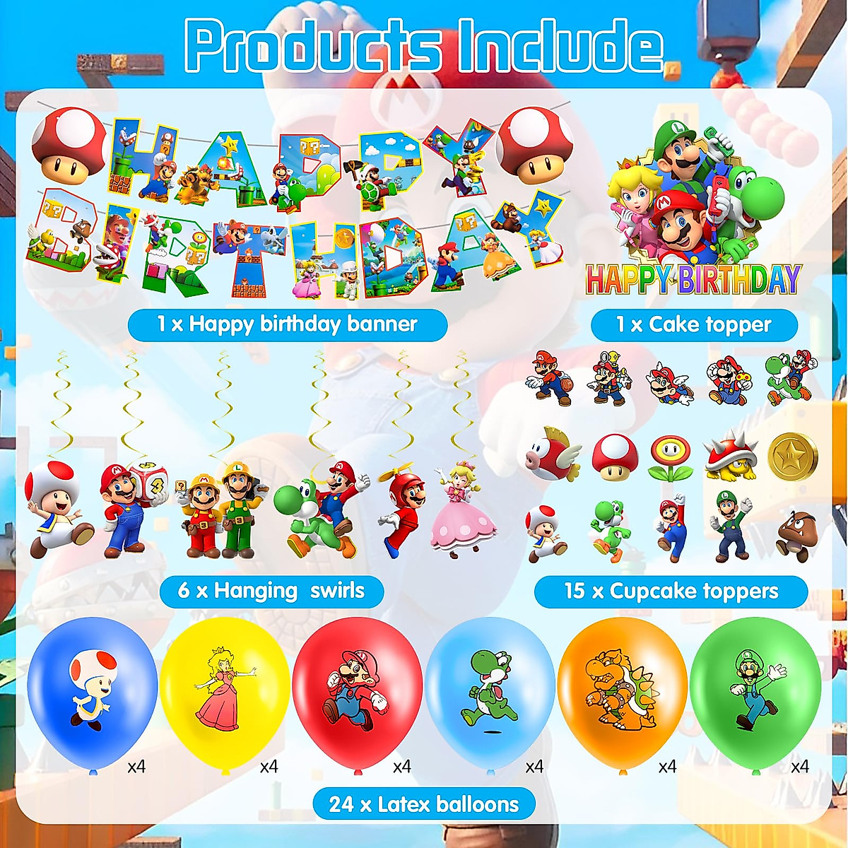 49 PCS Marrio Birthday Party Decorations, Marrio Birthday Decorations for Boys Girls, Cute Marrio Party Supplies for Kids with Birthday Banner, Balloons, Cake Toppers, Hanging swirls