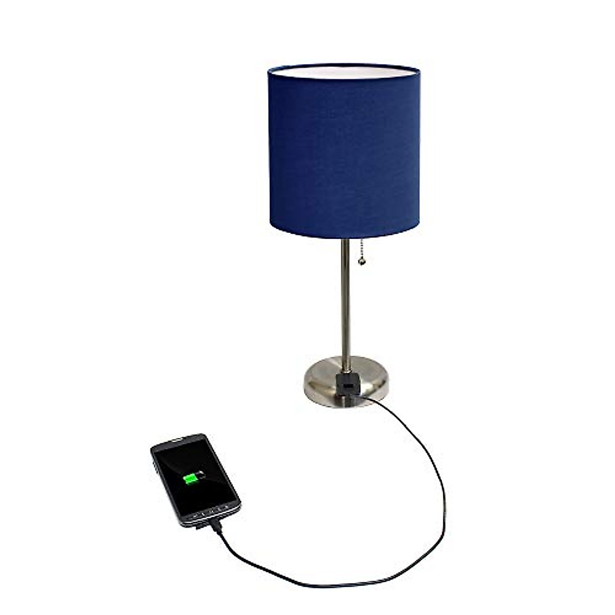Limelights LT2024-NAV Brushed Steel Stick Table Desk Lamp with Charging Outlet and Drum Fabric Shade, Navy, 8.5 x 8.5 x 19.5