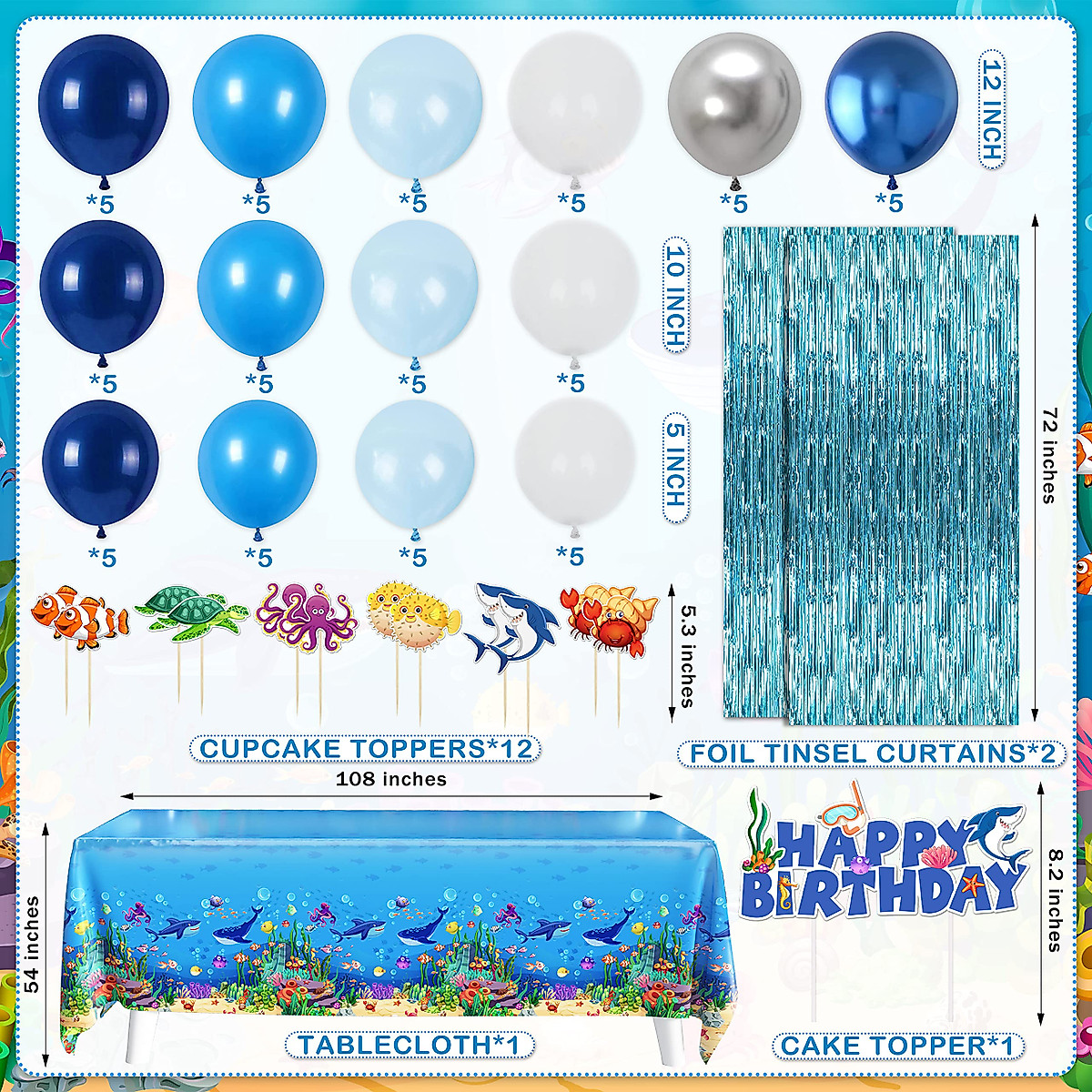 Under the Sea Party Decorations 98Pcs, Ocean Theme Birthday Party Supplies Include Backdrop Tablecloth Bubble Garlands Cake Topper Ocean Animals Balloons for Pool Beach Party Baby Shower (Ocean-01)