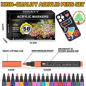 NICETY 58 Colors Acrylic Paint Pens Paint Markers, 3mm Medium Tip Point Acrylic Paint Pens for Rock Painting, Canvas, Wood, Ceramic, Glass, Stone, Fabric, DIY Crafts & Art Supplies