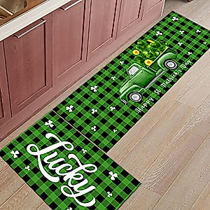 Arts Print Lucky Shamrocks Kitchen Rug Mat Set of 2,St.Patrick's Day Truck Black Green Buffalo Plaid Runner Rug,Non-Slip Durable Kitchen Floor Mat for Sink,15.7x23.6Inch+15.7x47.2Inch