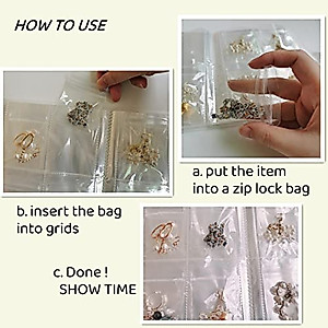 KIKILIE Travel Jewelry Organizer - Multifunctional Storage Book, Transparent Earring Necklace Bracelet Holder, 120 Grids with 80 Pack Two Sizes Plastic Bags