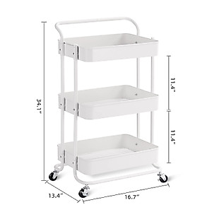 TOOLF 3 Tier Metal Rolling Cart, Utility Cart with Handle, Multifunction Storage Cart with Lockable Wheels, Serving Organizer Trolley with Mesh Basket for Kitchen, Bathroom, Office