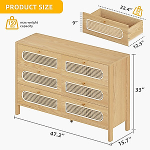 DWVO Natural Rattan 6 Drawer Dressers - Oak Wooden Dresser Chest of Drawers with Golden Handles - Modern Large Closet Boho Dressers Storage Cabinet for Living Room/Hallway/Entryway