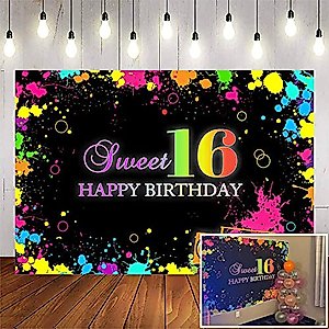 Avezano Sweet 16 Backdrops Neon Glow in The Dark Happy 16th Birthday Party Banners Decorations Graffiti 16th Birthday Parties Backgrounds(7x5ft)