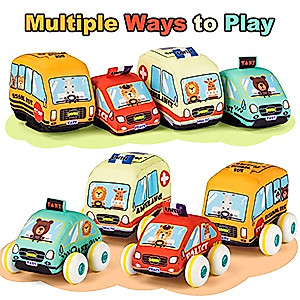 UNIH Car Toys for 1 Year Old Boy, Soft Baby Toys Set Pull Back Vehicle Car Set Birthday Gifts Toys for Baby Toddlers Age 1 2 3 Year Old