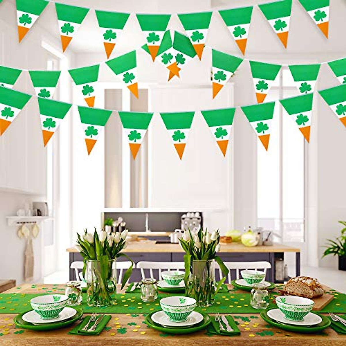 5 Pieces St Patrick's Day Shamrock Pennant Banners Irish National Day Triangle Flags Luck Green Clover Flag Banners Party Accessories for St Patrick's Day Theme Decor Outdoor Indoor, 7.4 x 10.8 Inch