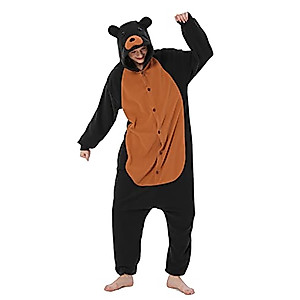 Unisex Adult Bear Costume Pajamas, Animal Costume Halloween Sherpa Women's Cosplay Christmas One Piece Costume Black Bear XL
