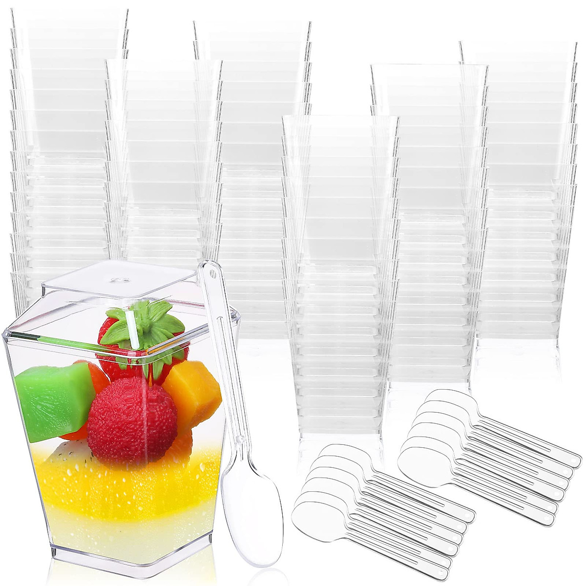 Mimorou 200 Pack 5 oz Dessert Cups with Lids and Spoons Square Clear Plastic Appetizer Cups Parfait Cups Dessert Shot Glasses for Party Wedding Birthday Desserts Appetizers Puddings Mousse