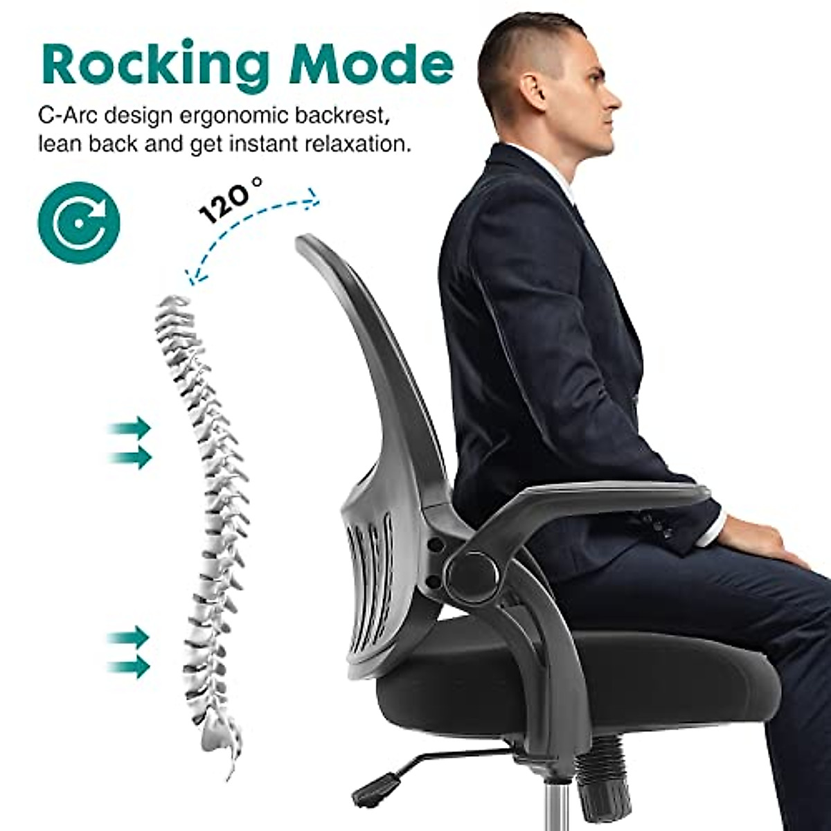 Office Chair - Ergonomic Flip-up Arm Home Office Computer Swivel Task Chair with Lumbar Support, Wide Seat, Thickened Cushion, Widened Backrest, Storage Back Basket