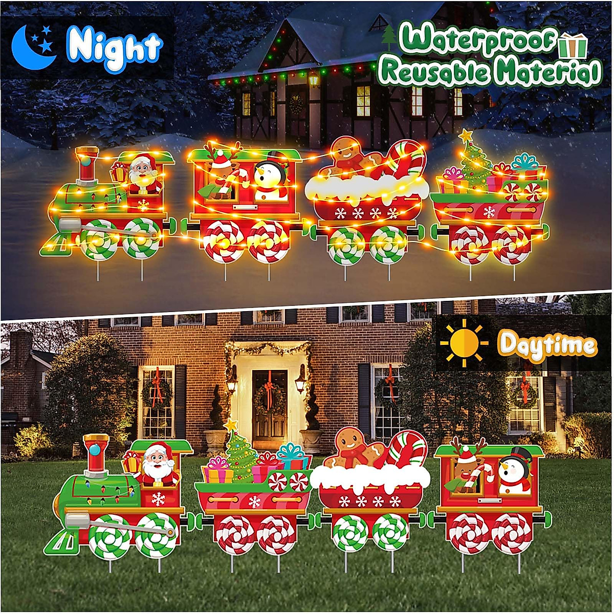DONSAJI Christmas Train Yard Signs with 200 LED Lights - Xmas Tree Santa Gingerbread Snowman Train Set Lawn Signs with Metal Stakes for Holiday Lawn Garden Yard Outdoor Christmas Decorations, 4 Pack