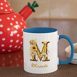 Personalized Floral Initial Letter M Name Ceramic Cups - Customized Name White Tea Mugs Presents - Floral Letter M Alphabet Coffee Mugs - Monogram Wedding Gifts For Bride And Groom