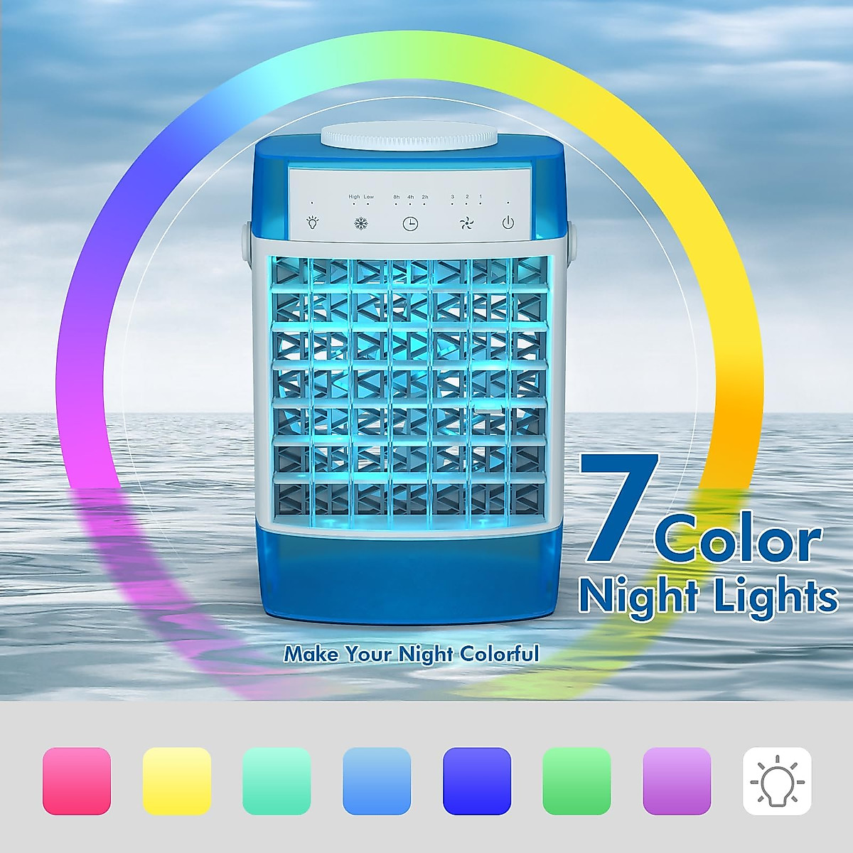 RCCVEI Portable Air Conditioners,3-Speed Small AC Unit, Evaporative Air Cooler with Timer function,7-Color Nightlight,Double Tank, 2 Mist modes,Personal Air Conditioner for Bedroom,Office,Room-Blue