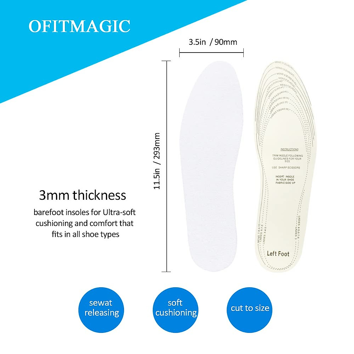 5 Pairs Odor Control Summer Pure Cotton Terry Cloth Shoe Insoles,Absorbs Sweat & Controls Odor Ideal for Wear Without Socks,Barefoot Shoe Inserts