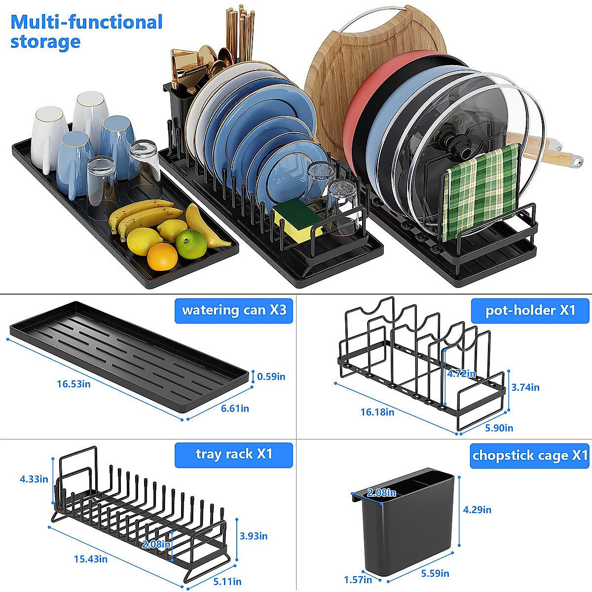 KEKAPE Multifunctional Stainless Steel Dish Drying Rack with Pots and Pans Storage Rack, Dish Drying Rack, Pots and Pans Storage Rack, Cup Rack Storage 3-Piece Set