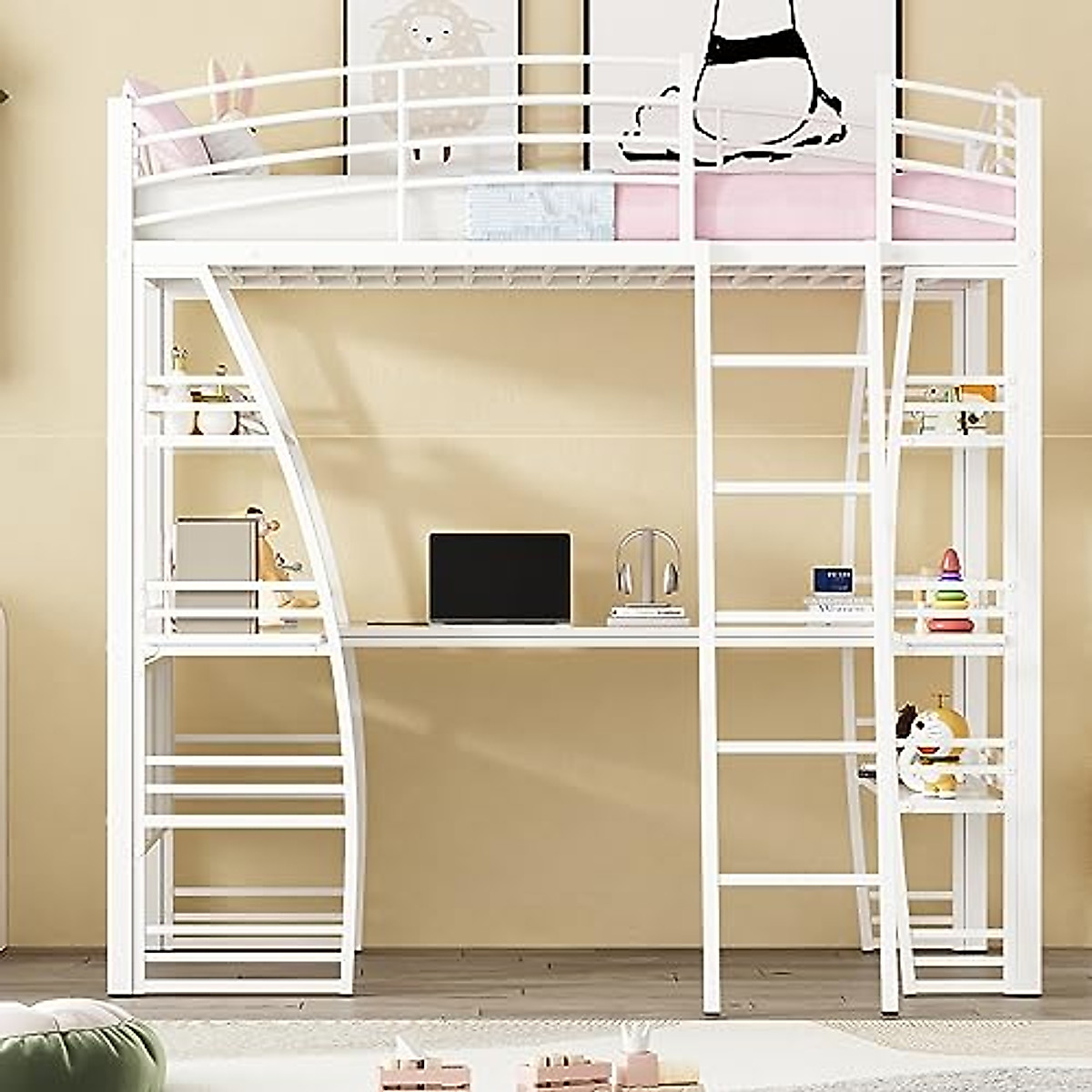 ALYSAHOME Twin Size Loft Bed with 4 Layers of Shelves and L-Shaped Desk, Stylish Metal Frame Bed with a Set of Sockets, USB Ports and and Wireless Charging, White