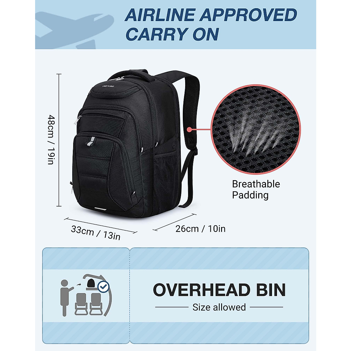 LIGHT FLIGHT Backpack for Men, Travel Backpack with USB Charging Hole, 17.3 Inch Laptop Backpack, School College Bookbag, Large Capacity Computer Backpacks, 40L Work Bag for Business, Black