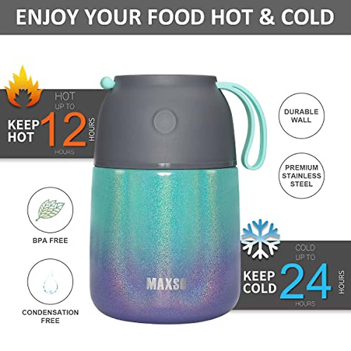 Thermos Food Jar for Hot & Cold Food for Kids Adult, 17 oz Set Soup Thermos Hot Food Containers for Lunch, 1 Pack Insulated Food Jar with Spoon (Rainbow (1 Pack))