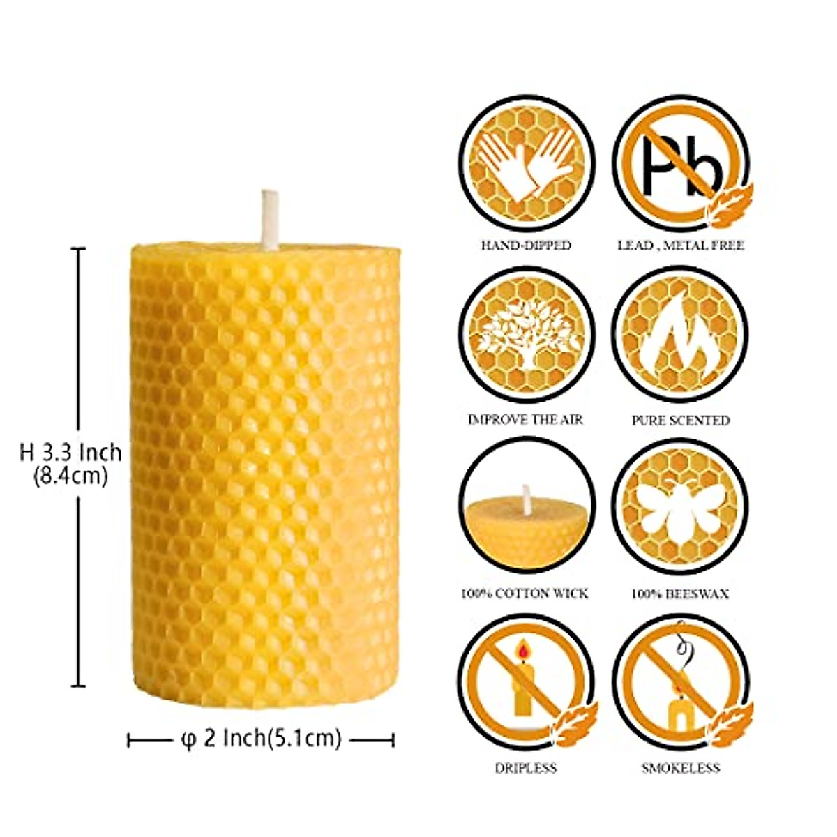 Beeswax Pillar Candles Set of 3 - Handmade Pure Beeswax Rolled Candles for Gift & Home Decor (2×3.3 in)
