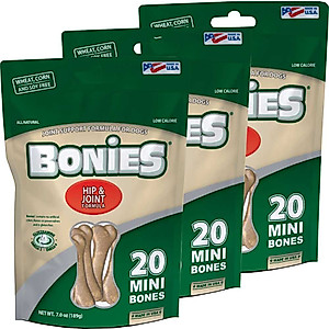 Bonies Natural Hip & Joint Formula Mini-Sized Bone, Glucosamine & Omega Fatty Acids, Fresh Breath, Clean Teeth, Low Calories, Chicken Flavor, Minis, 60 Bones