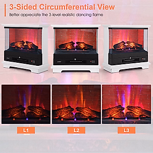 Tangkula 27 Inch Freestanding Fireplace, 1400W Electric Fireplace Heater w/3-Level Vivid Flame & Thermostat Control, 0.5-6H Timing Function, Overheating Protection for Living Room, Bedroom (White)