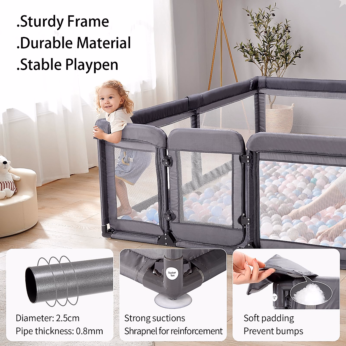 Baby Playpen,Large Playpen for Babies and Toddlers,Baby Play Pen Play Yard with Door,Baby Gate Playpen,Baby Fence Play Area(Grey)