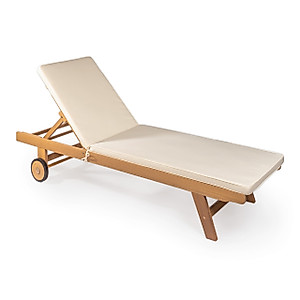 JONATHAN Y LNG1000A Mallorca 77.56"x23.62" Modern Classic Adjustable Acacia Wood Chaise Outdoor Lounge Chair with Cushion & Wheels Coastal, Bohemian, Minimalist, Traditional, White/Natural