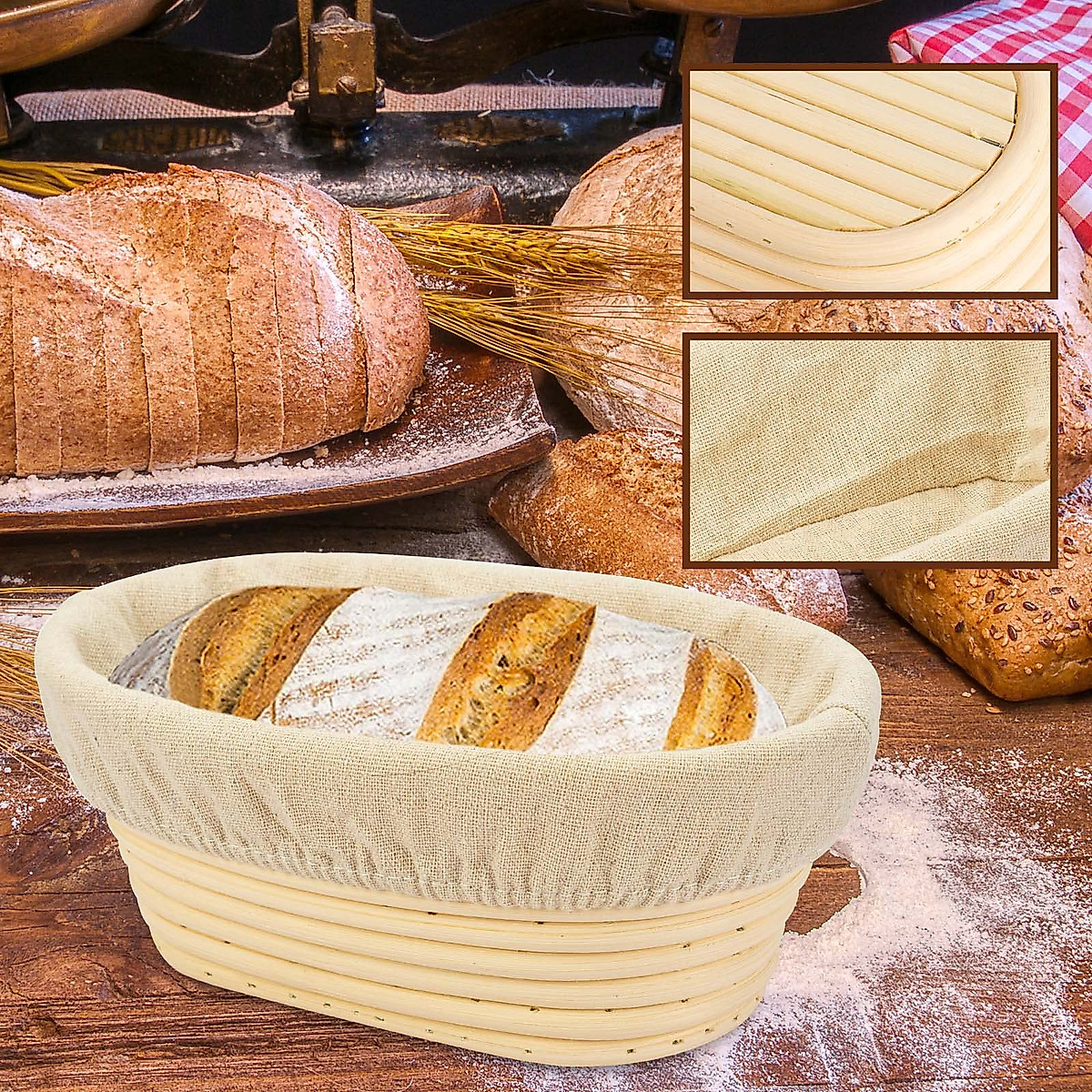 2 PCS 10 inch Oval Long Banneton Brotform Bread Dough Proofing Rising Rattan Basket & Liner for Professional & Home Bakers