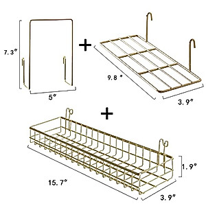FRIADE Gold Grid Basket with Hooks,Bookshelf,Display Shelf for Wall Grid Panel,Wall Mount Organizer and Storage Shelf Rack for Home Supplies,1 Set of 3 (Gold)