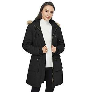 WenVen Women's Winter Padded Coat Canvas Hooded Military Jacket (Black, 2XL)