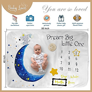 Baby Milestone Blanket Boy and Girl- Elephant and Moon Design, Baby Boy Gifts, Nursery Decor Baby Shower, Newborn Baby Blanket, Baby Growth Chart Blanket, Baby Milestone Blanket 50x40